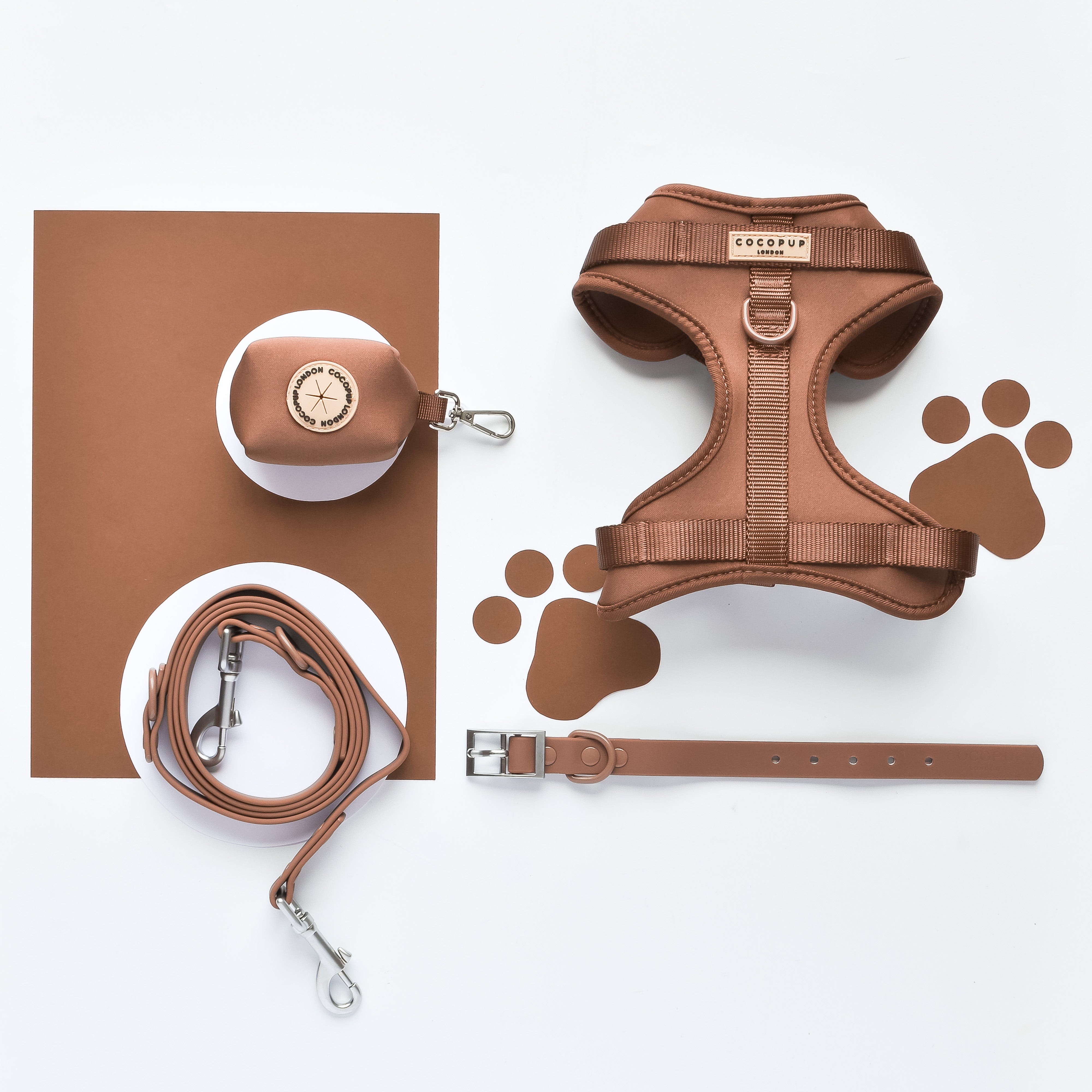 Adjustable Neck Dog Harness, Lead, Collar & Poop Bag Bundle - Brown ...