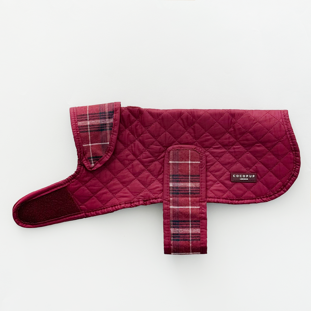 LUXE Quilted Dog Coat - Mulberry Plaid | Cocopup London